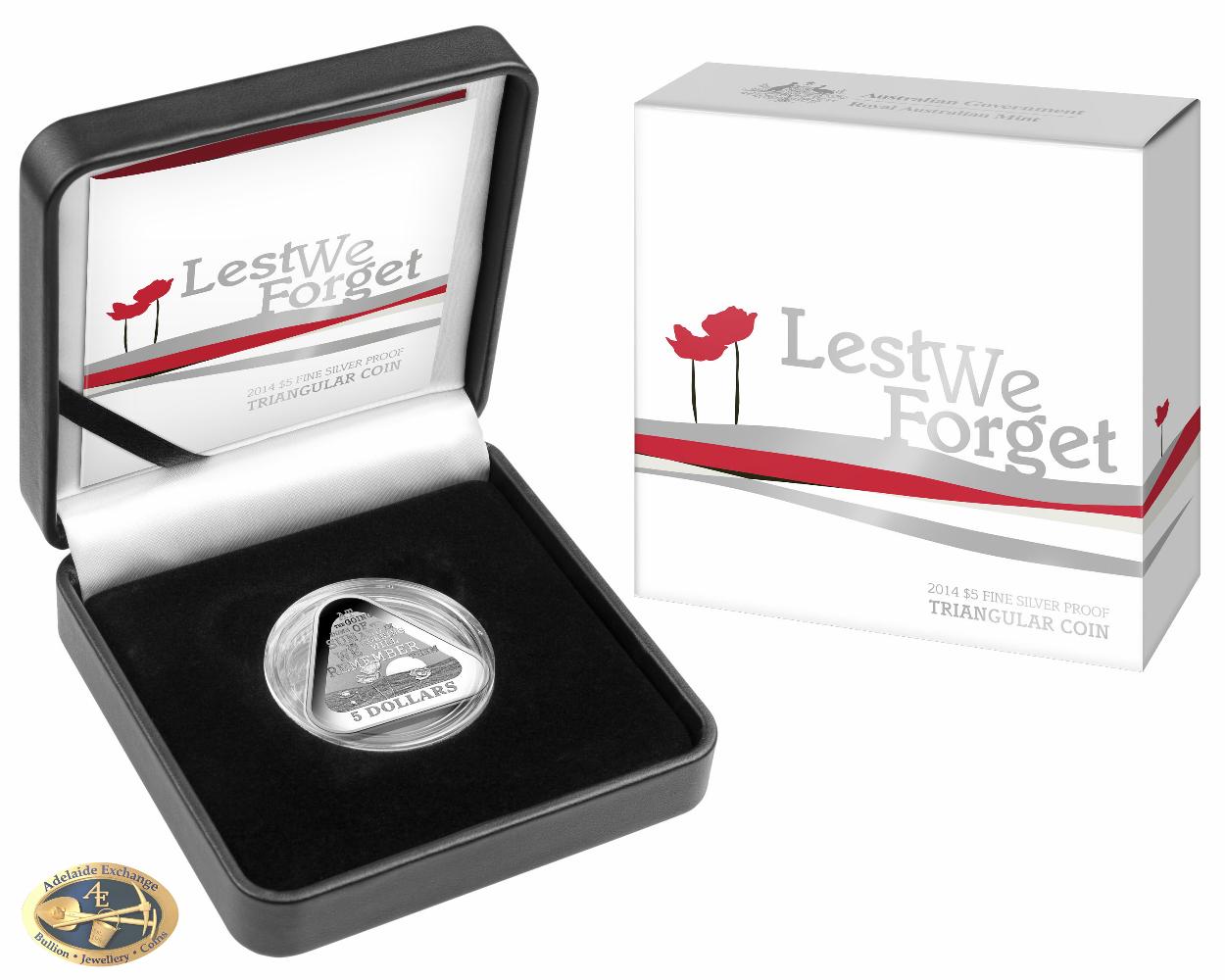 2014 $5 Lest We Forget Triangular Coin - Adelaide Exchange
