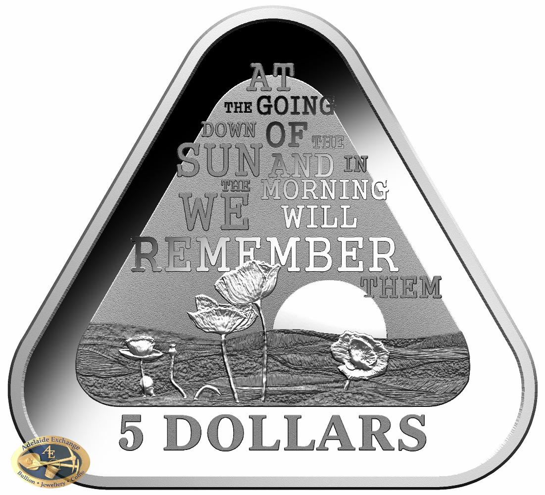 2014 $5 Lest We Forget Triangular Coin - Adelaide Exchange